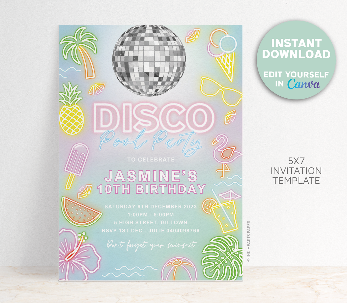 DISCO POOL PARTY - Digital Invitation (Template) – Ink Hearts Paper
